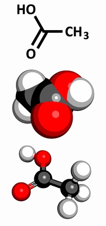 Acetic acid (HOAc) molecule, chemical structure. Three representations ...
