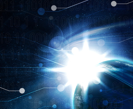digital world, with sunrise on the background with integrated bits and ...