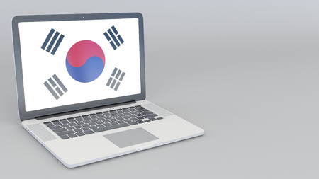 Opening and closing laptop with flag of South Korea on the screen ...