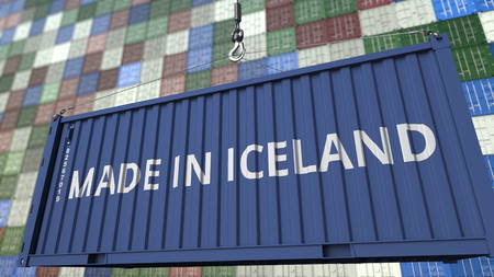 Cargo container with MADE IN ICELAND caption. Icelandic import or ...
