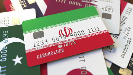 Many credit cards with different flags, emphasized bank card with flag ...