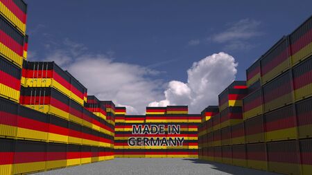 Many cargo containers with MADE IN GERMANY text and national flags ...
