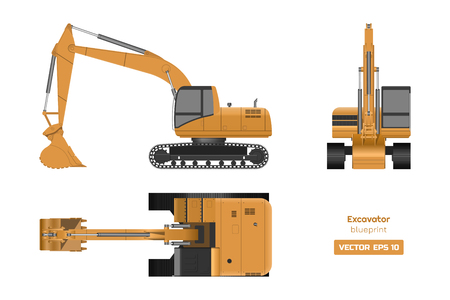 Excavator on white background. Top, side and front view. Hydraulic ...