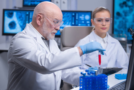 Professor and his young and professional laboratory assistant are doing ...