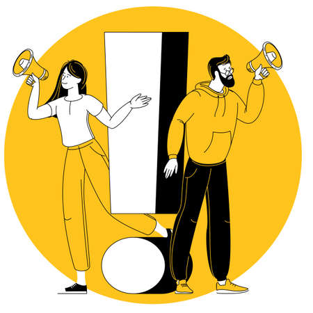 Exclamation mark. Vector illustration of young man and woman with alert ...