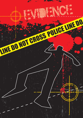 A grunge styled illustration on a crime based theme. Blood,gun targets ...