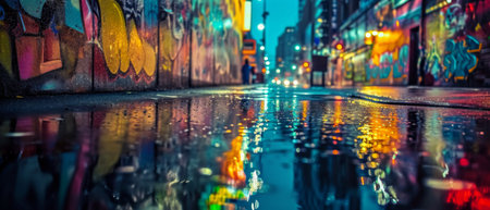 A Nighttime City Street Immersed In Rain, Vibrant Light, And Artistic ...