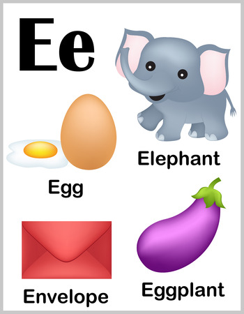 Cute and colorful alphabet letter E with set of illustrations and words ...