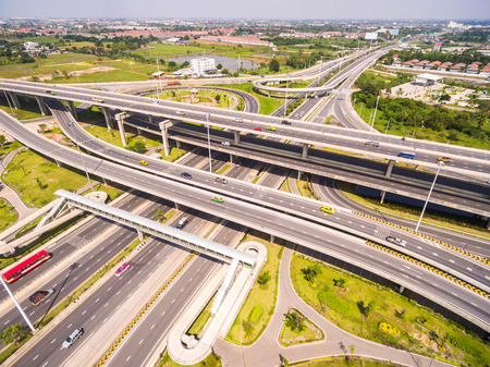 Aerial view over the road and highway, Aerial shot of highway ...
