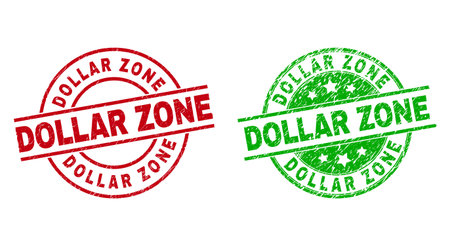 Round DOLLAR ZONE stamps. Flat vector scratched seal stamps with DOLLAR ...