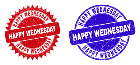 Round and rosette HAPPY WEDNESDAY seal stamps. Flat vector distress ...