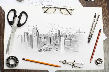 Architectural hand drawn project with set of tools - Stock Image ...