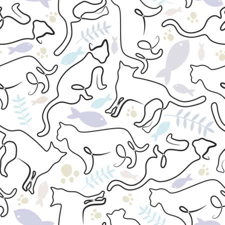 Continuous one single line of abstract cute cat with floral seamless ...