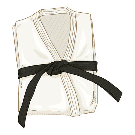 Folded White Karate Kimono with Black Belt. Vector Cartoon Gi ...