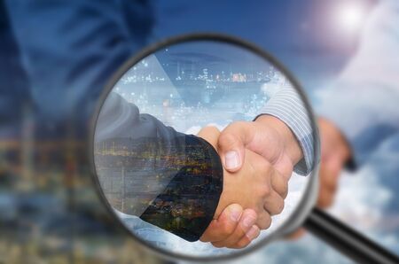 Examining business with magnifying glass, concept examining. - Stock ...