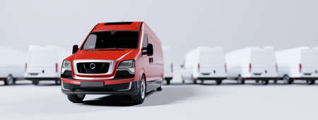 Red commercial van and fleet of white trucks. Transport, shipping ...