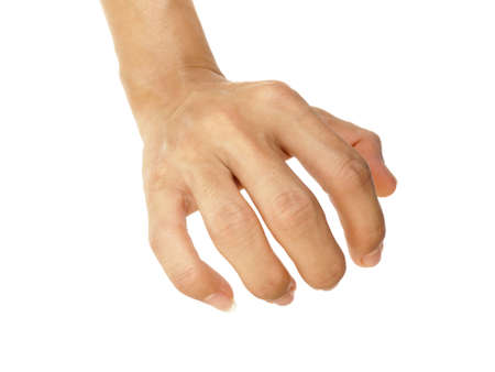 close up of hand of man take down and press something isolated on white ...