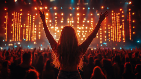 A powerful rock concert unfolds in a lively venue during the evening.の ...