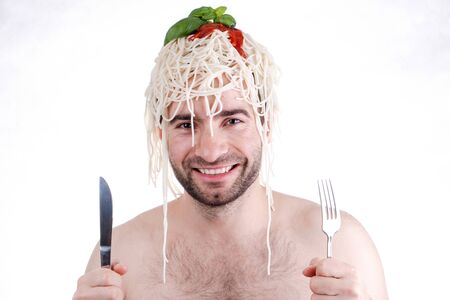 Funny man with spaghetti on head, white backgroundの写真素材 [40071663360 ...