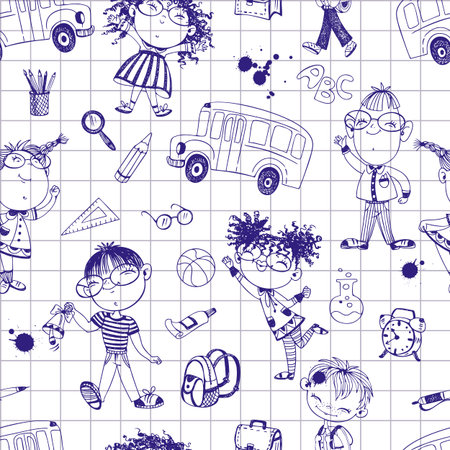 Seamless pattern on a school theme with schoolchildren and school ...
