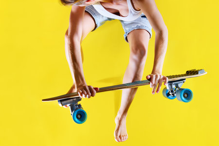 Barefoot girl is riding and jumping on skateboard on yellow background ...