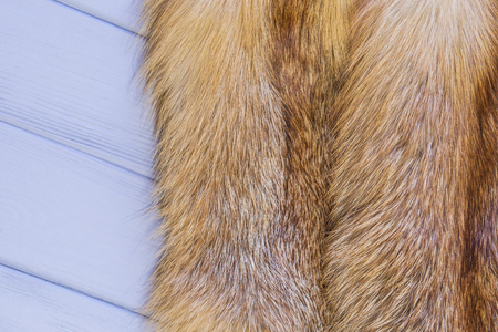 Red fox skin on a gray wooden background. Beautiful fur of a red fox ...