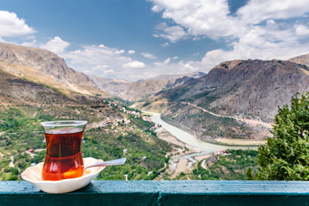 Landscape view of Kemaliye town between valley with Turkish tea on ...