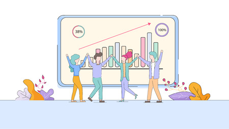 Joyful Office Workers Exulting at Huge Monitor with Growing Graphs ...