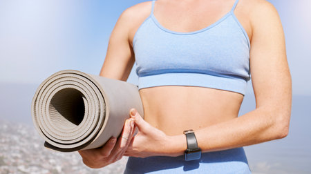 Exercise, health and a yoga mat with woman training in nature, cardio ...