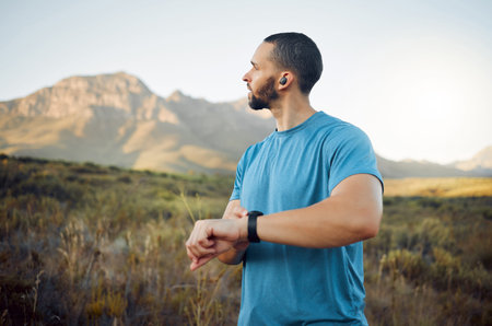 Exercise, thinking man and outdoor for view, workout or enjoy nature ...