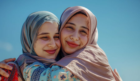 Outdoor, hijab and muslim friends with hug for bonding, appreciation ...