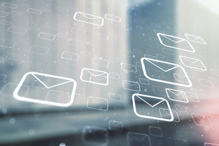 Abstract virtual postal envelopes illustration on blurry modern office ...