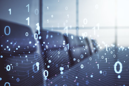 Abstract virtual binary code illustration on a modern conference room ...