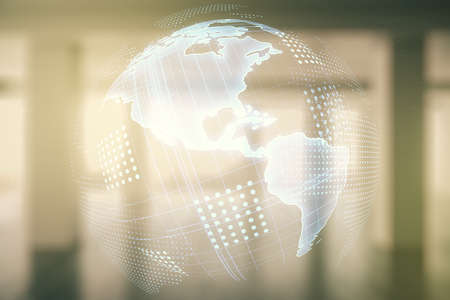 Virtual digital map of North America on empty corporate office ...