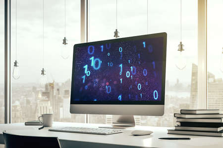 Creative abstract binary code sketch on modern laptop monitor, hacking ...
