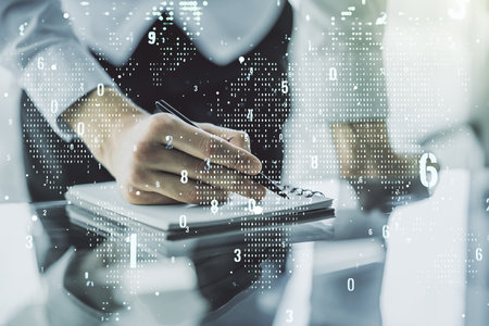 Multi exposure of abstract creative coding sketch with world map and ...