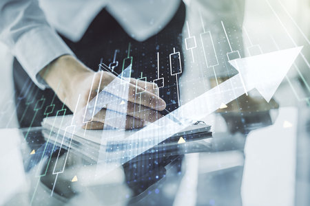 Double exposure of abstract creative financial diagram with upward ...