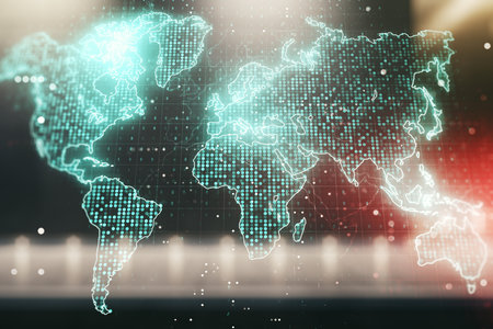 Double exposure of abstract digital world map hologram on contemporary ...