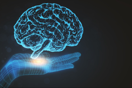 Digital hand with brain on dark backdrop. Artificial intelligence ...