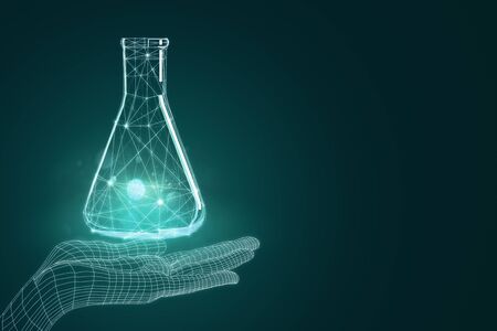 Creative hand holding glowing digital chemical lab retort on blue ...