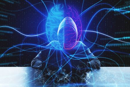 Hacker using laptop with digital brain hologram on blurry background ...
