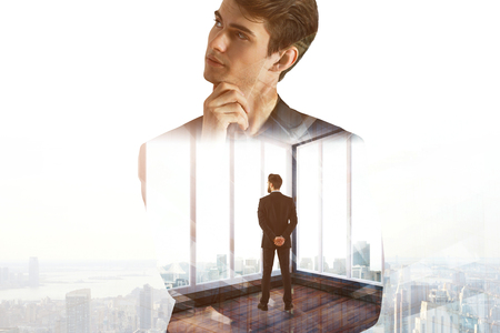Leadership, success, research and think concept. Businessman looking ...
