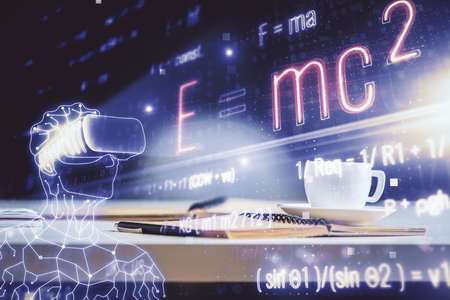 Double exposure of formula drawing and desktop with coffee and items on ...