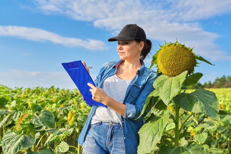 Agricultural worker woman with working folder in green sunflower field ...