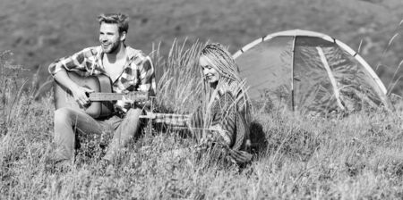 Hiking romance. Camping in mountains. Fresh air and pure feelings ...
