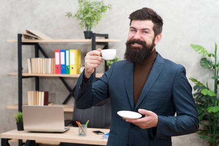 Benefits of office coffee culture. Man bearded manager businessman ...