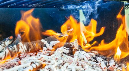 Bonfire, wood and fire in the camp on the nature of the close-up ...