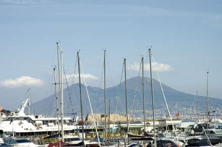 The crowded Mergellina port of Naples,(part of Campania) with Vesuvius ...