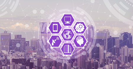 Smart city wireless communication network with graphic showing concept ...