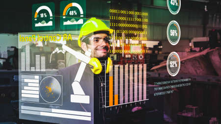 Factory worker use future holographic screen device to control ...